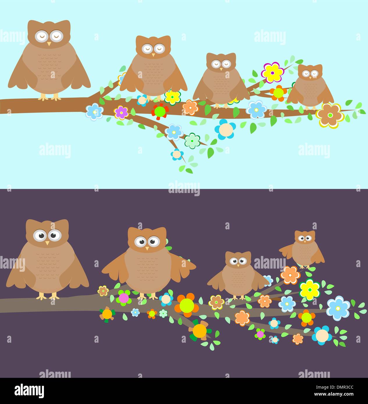 Family of owls sitting on a branch Stock Vector Image & Art - Alamy