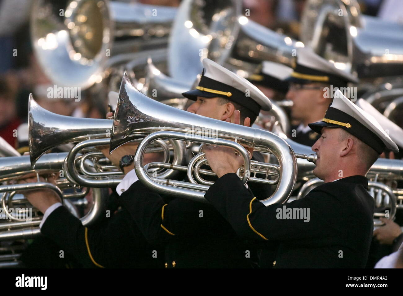 Navy marching band horn section plays during game action. Navy at Notre ...
