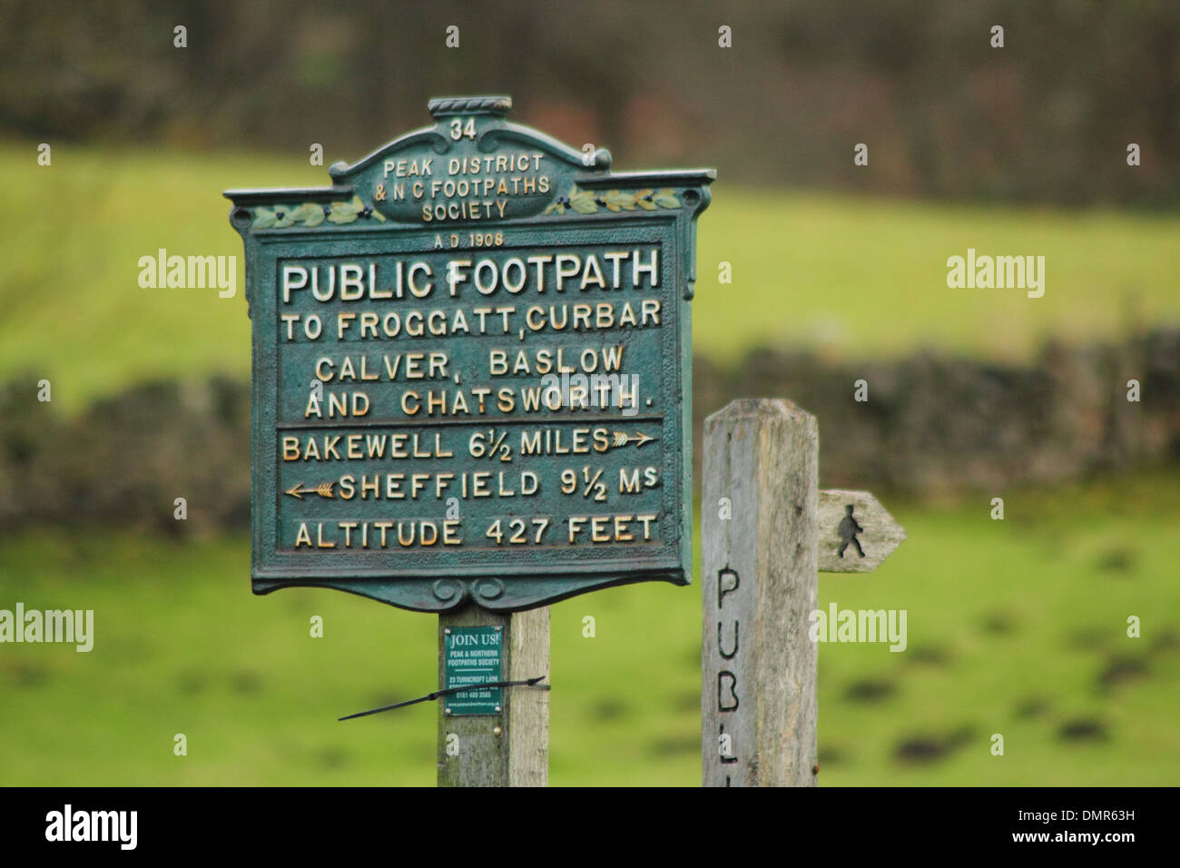 Public footpath sign showing altitude & route to Curbar, Calver, Baslow ...