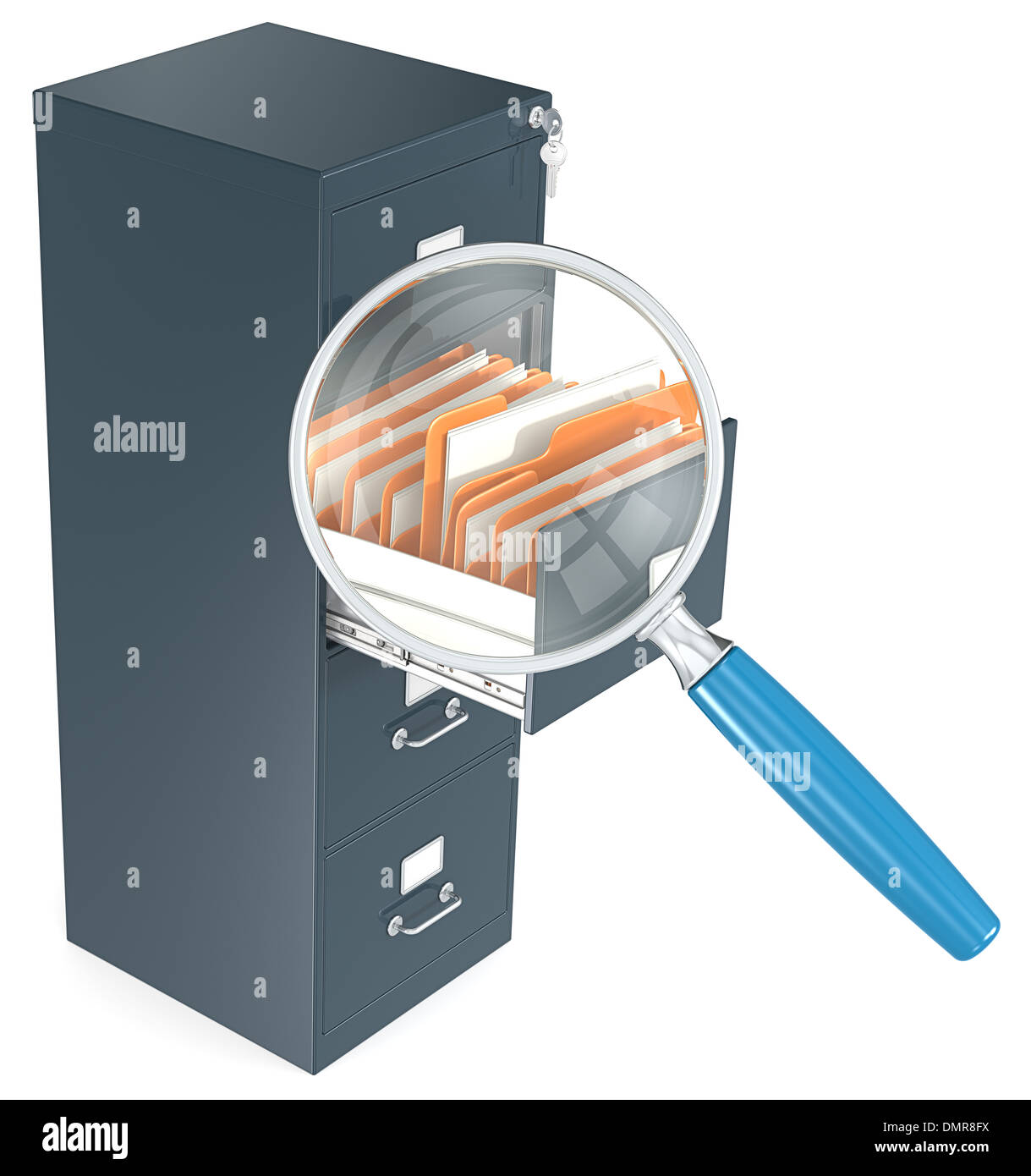 Magnifying glass over open file cabinet drawer Stock Photo - Alamy