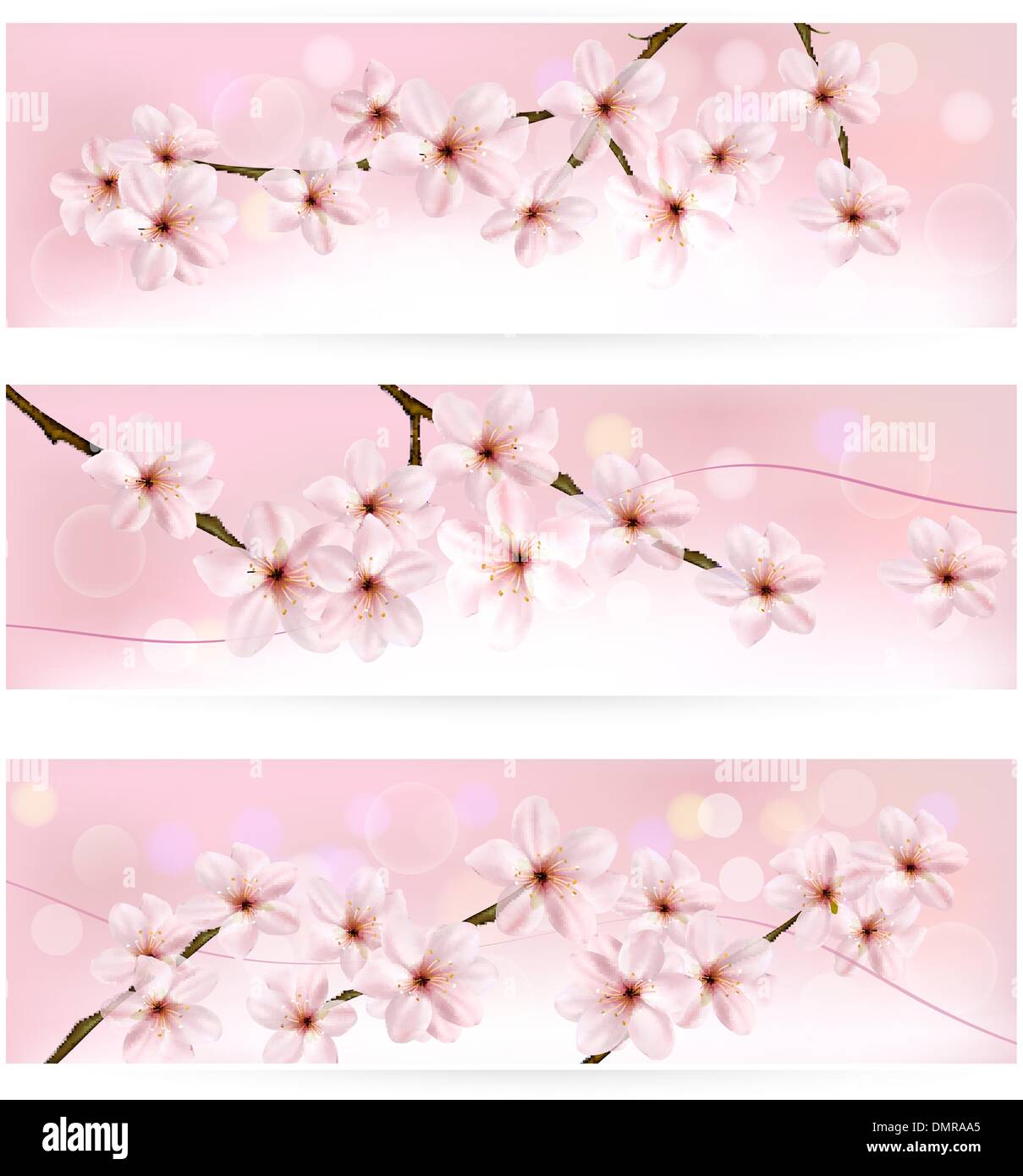 Three spring banners with blossoming tree brunch with spring flowers ...