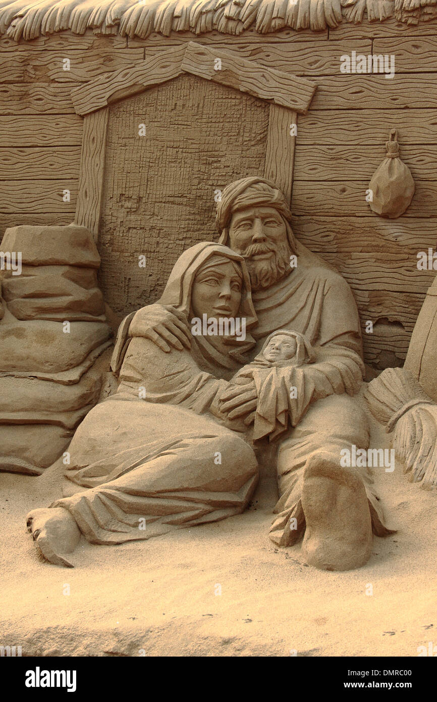 A traditional nativity scene of Joseph, Mary and Jesus in the stable ...