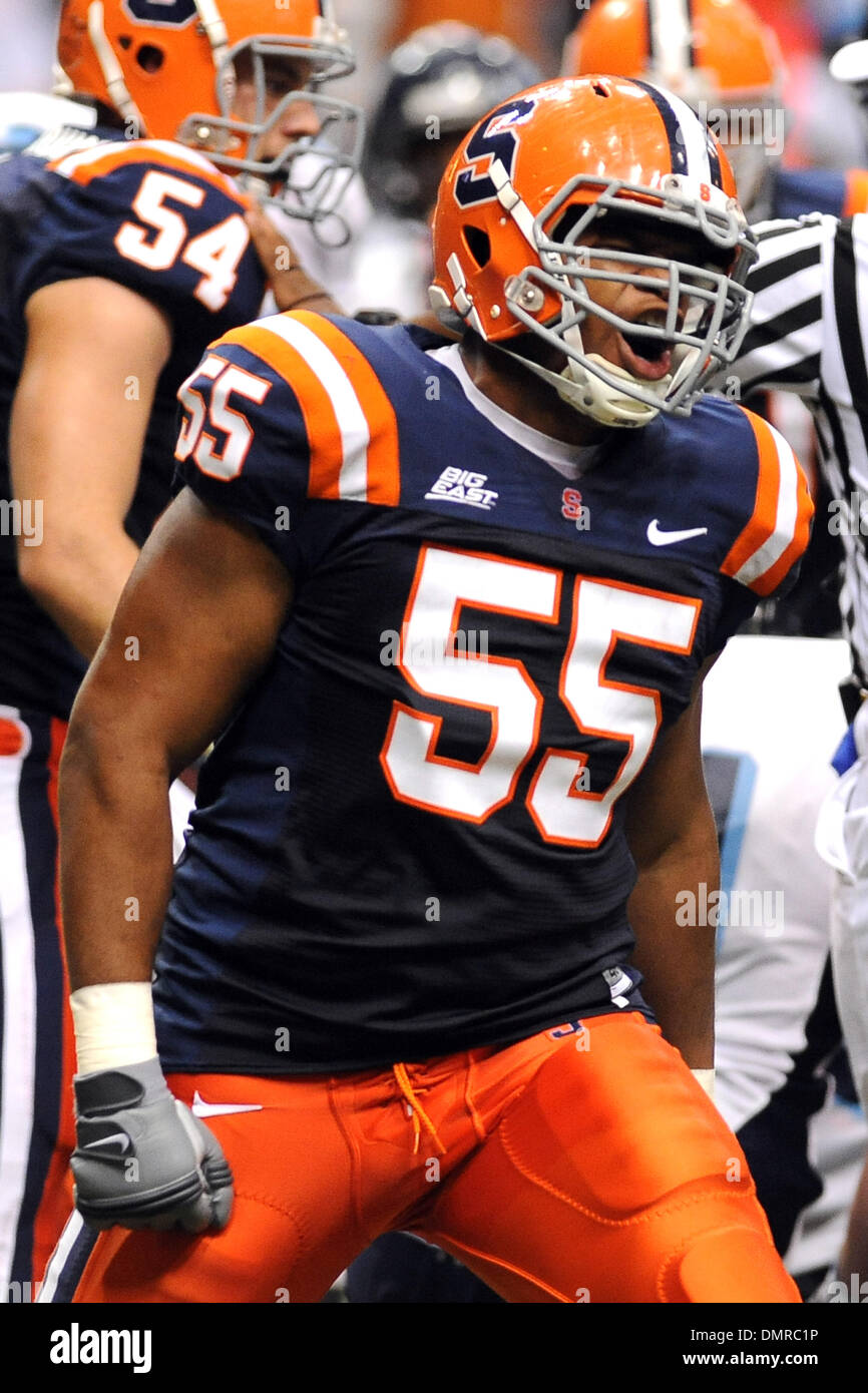 Syracuse defensive tackle Anthony Perkins celebrates the second half ...