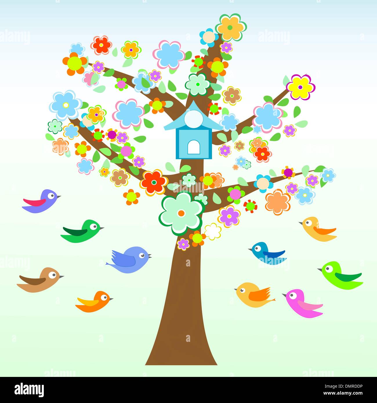 bird and tree with flowers and leaves card Vector Stock Vector Image ...