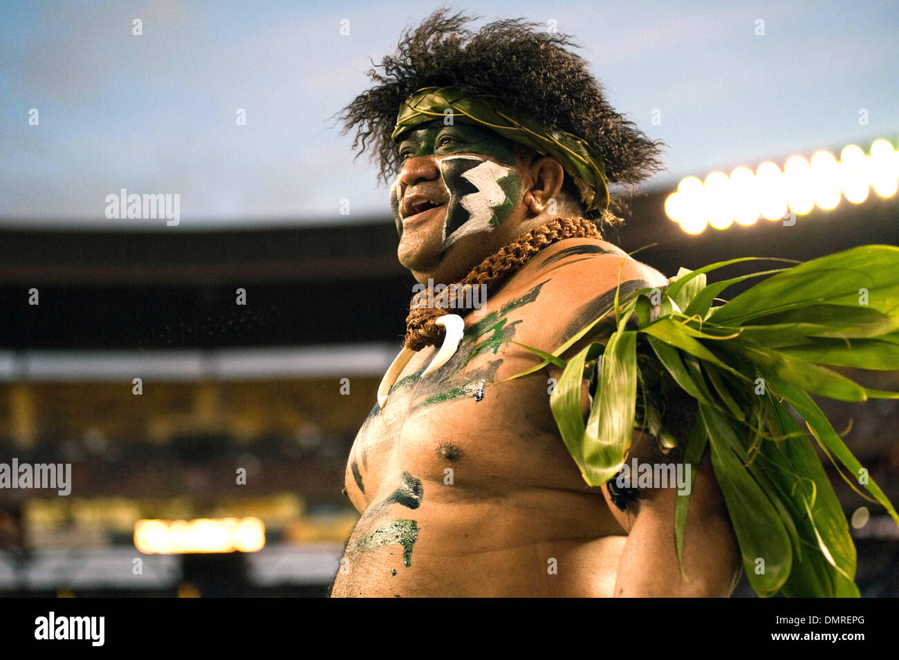 The Hawaii ''Warrior'' looks on during the game between the Utah State ...