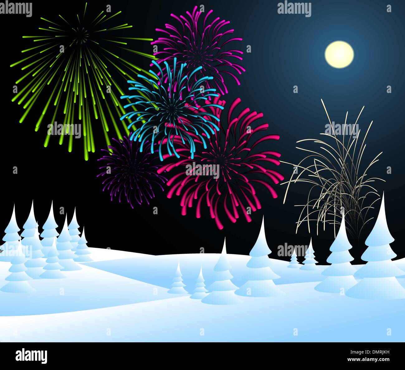Winter christmas landscape with fireworks Stock Vector Image & Art - Alamy