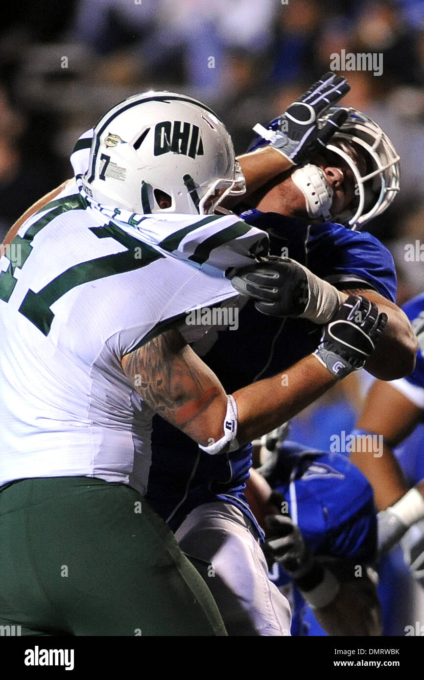 Ohio linebacker Noah Keller (47) gets in a shoving match with Buffalo ...