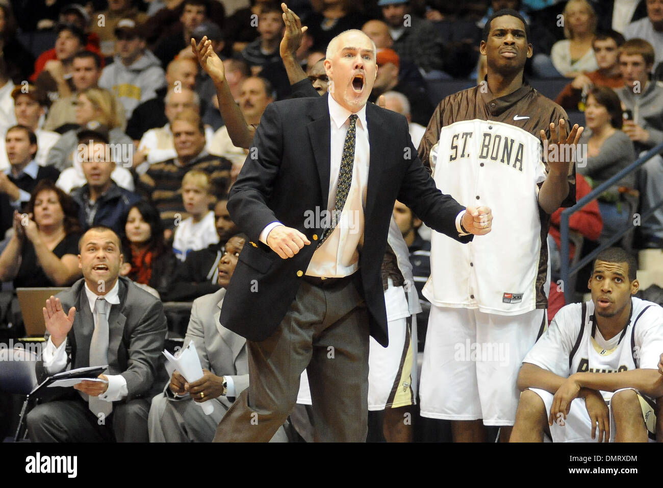 St. Bonaventure head coach Mark Schmidt yells after a foul call in the ...