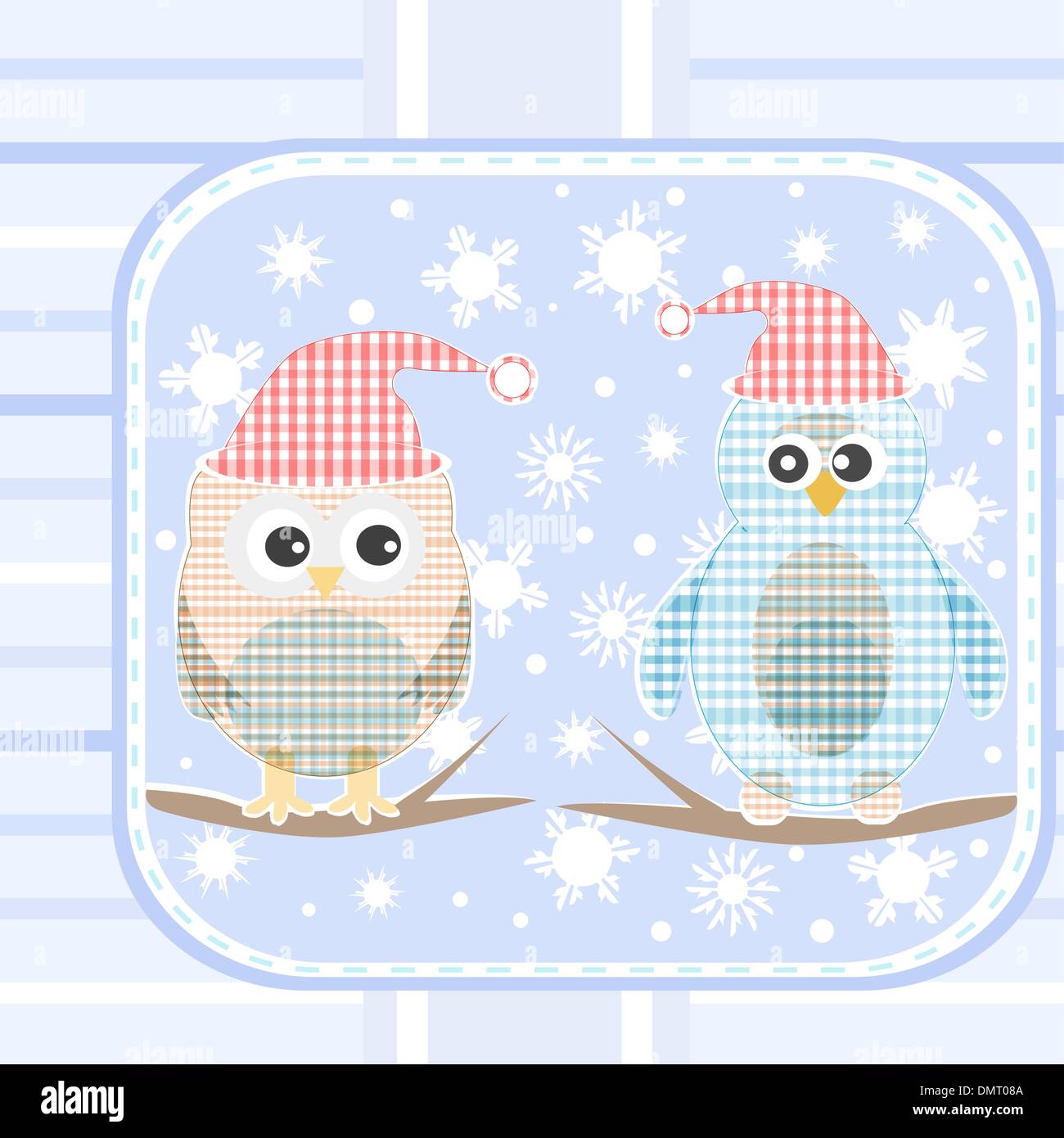 illustration of an owl and a penguin on a tree under snowfall Stock ...