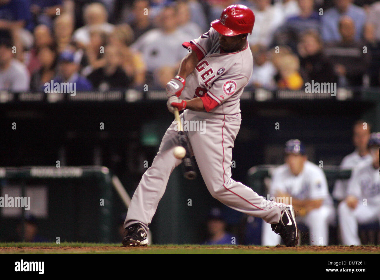 Los Angeles Angels third baseman Chone Figgins makes contact during the ...