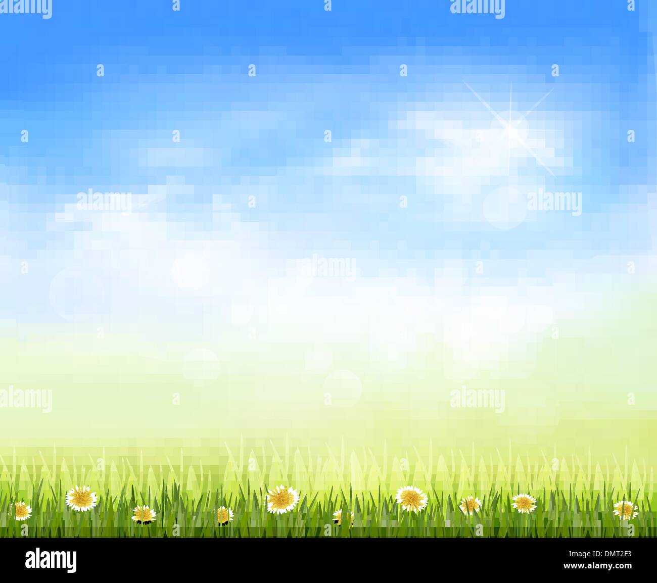Summer gaze background with blue sky and a field of dandelions Stock ...