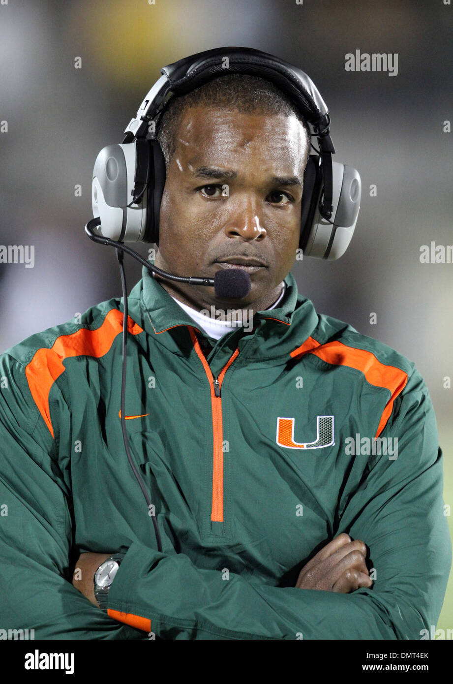 Miami (FL) Head Coach Randy Shannon paces the sidelines late in the ...