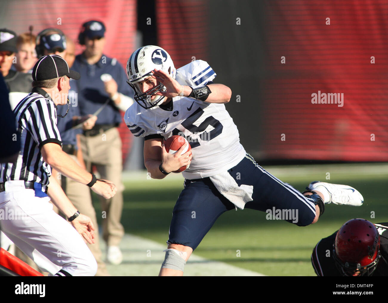 BYU Cougars QB Max Hall id forced our of bounds by San Diego Aztecs ...