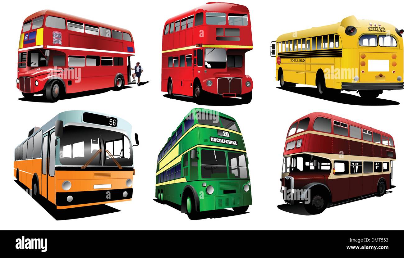 Six city buses. Coach. School bus. EPS10 Vector illustration for Stock ...