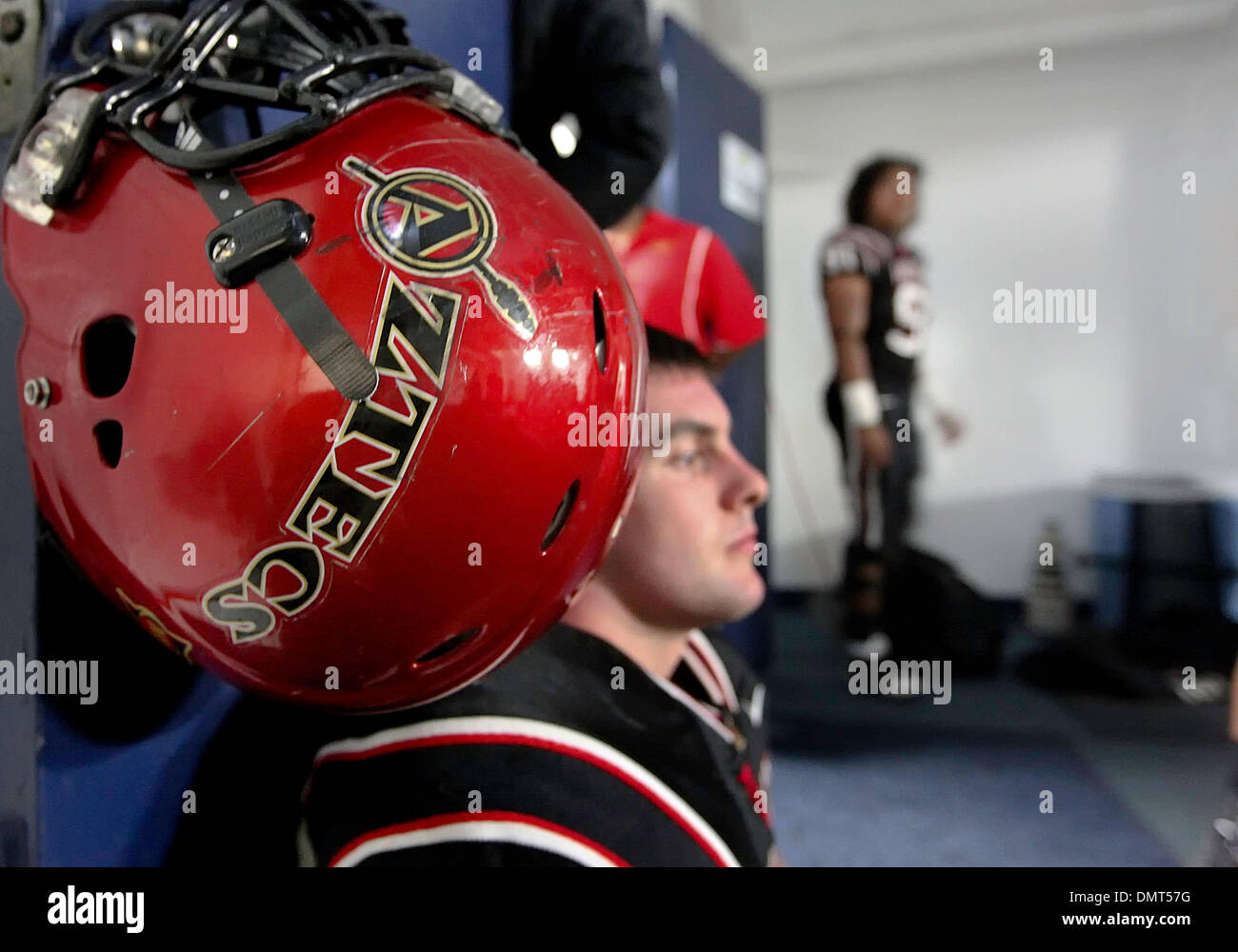 San Diego State line backer Colin Shumate (33) waits in the locker room ...