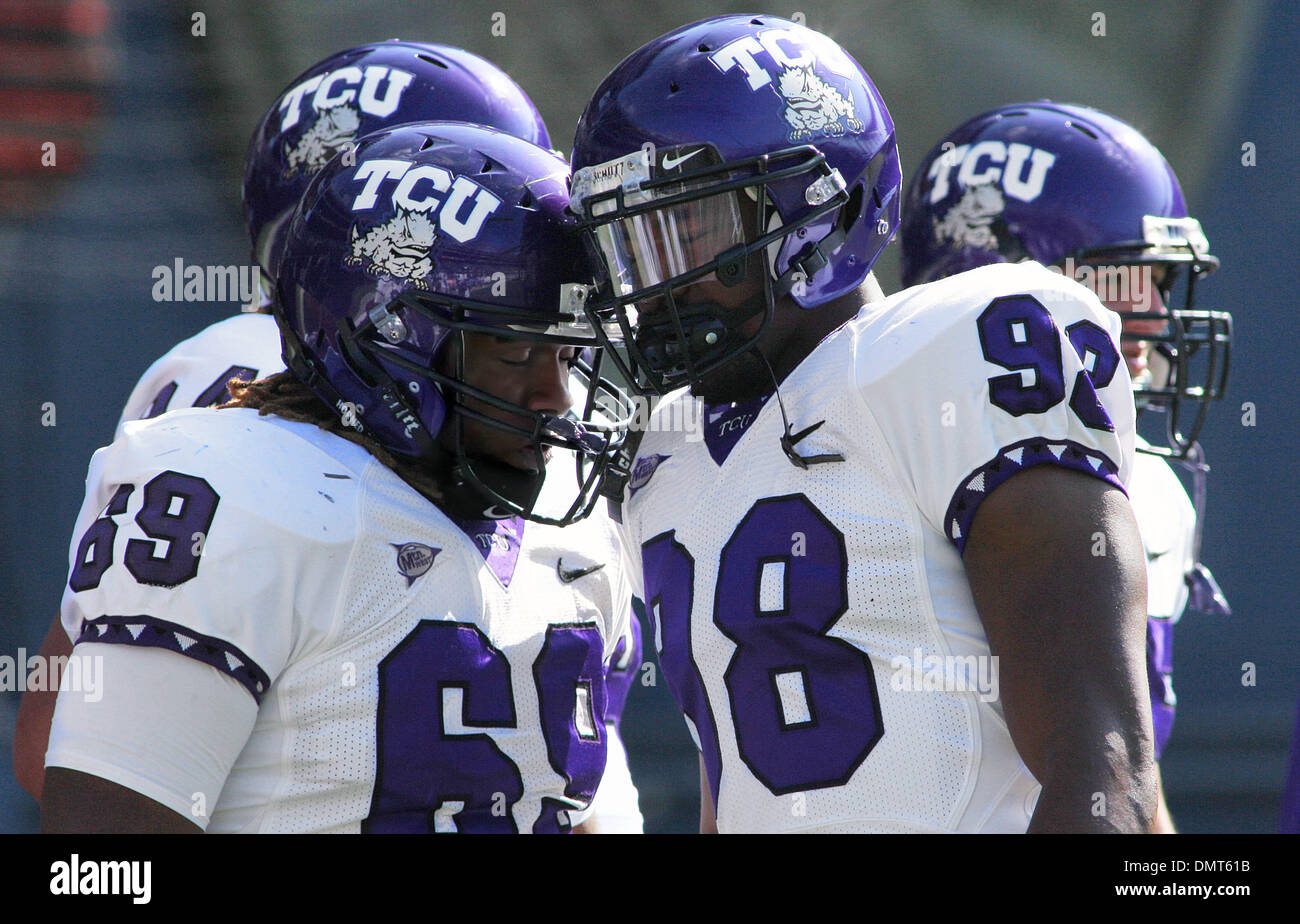 TCU players Kelly Griffin (69) and Jerry Hughes (98) before game time ...