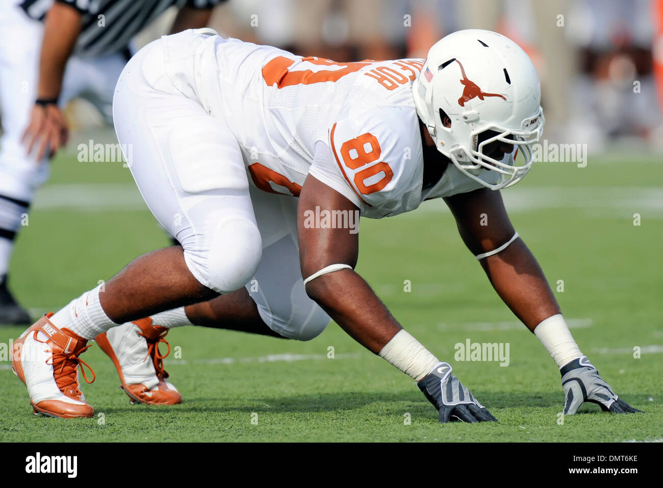 Texas DE Alex Okafor takes his defensive position as the #2 Texas ...