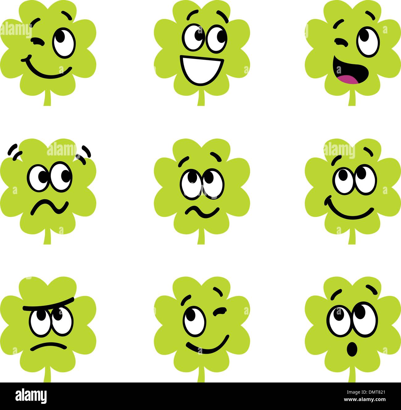 Cartoon four leaf clovers with facial expression isolate on white Stock ...