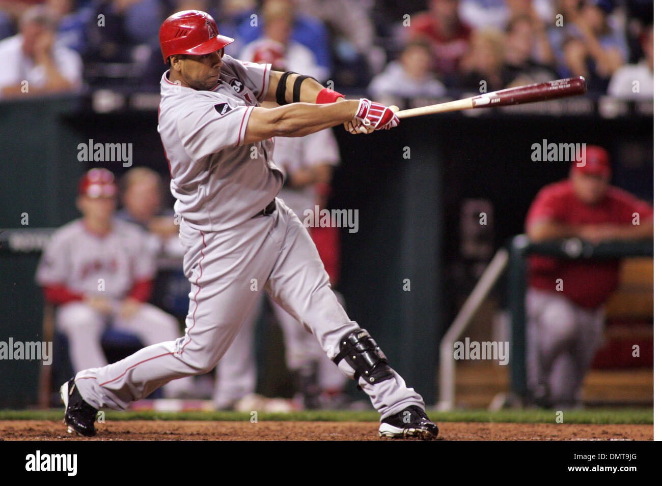 Los Angeles Angels left fielder Juan Rivera makes contact during the ...