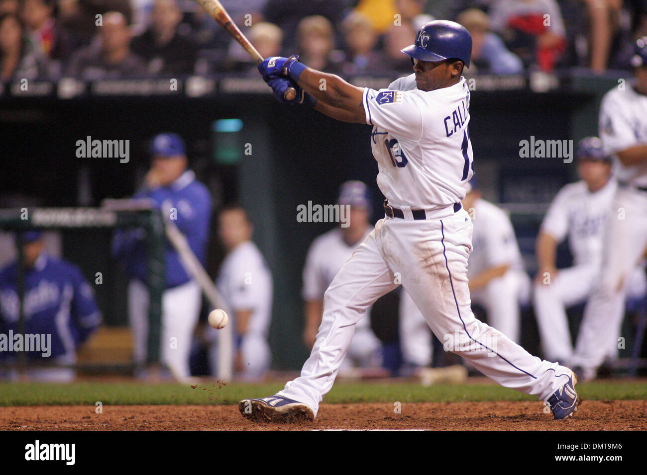 Kansas City Royals second baseman Alberto Callaspo is struck in the ...