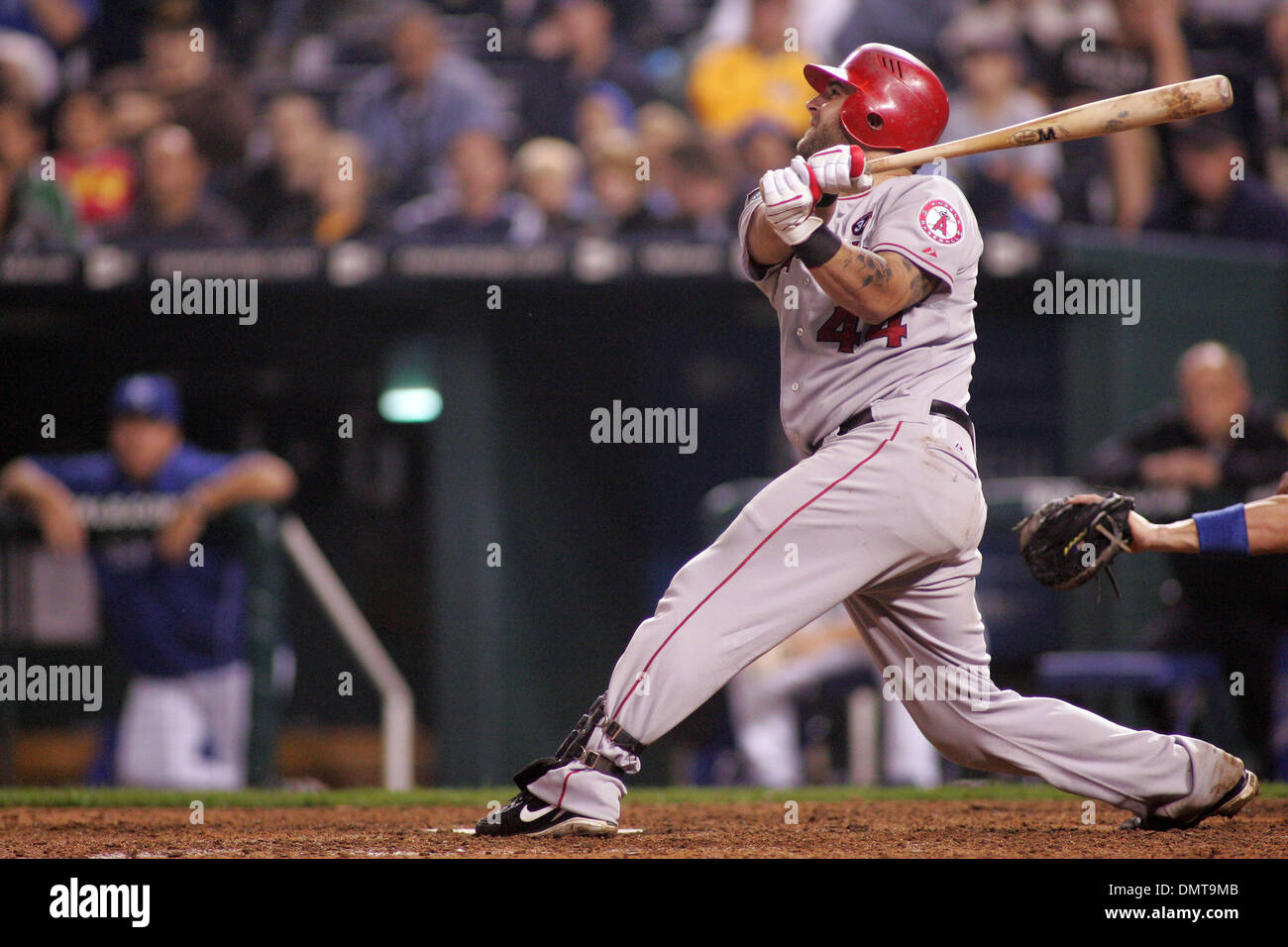 Los Angeles Angels catcher Mike Napoli makes contact during the Angels ...