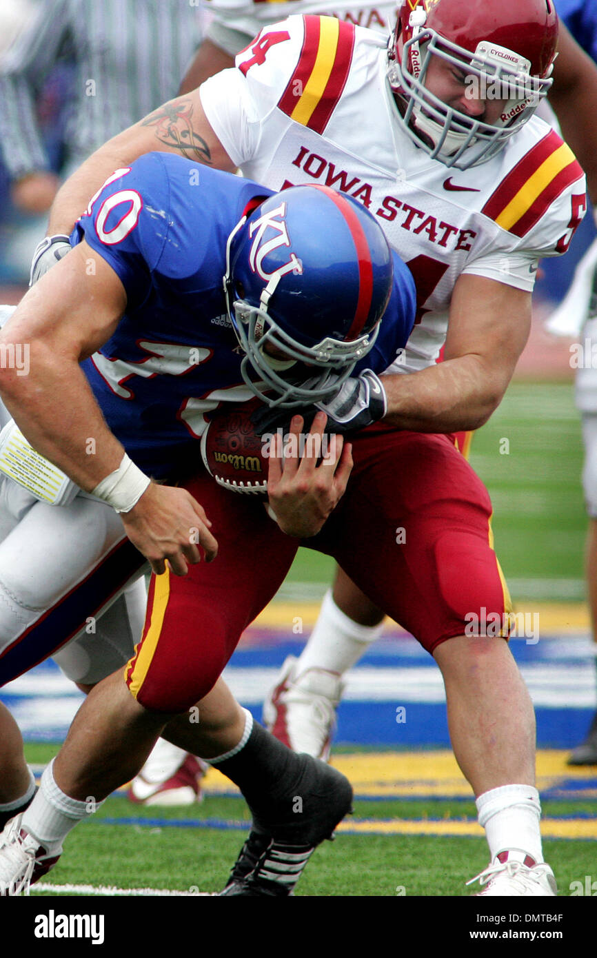 Kansas wide receiver Kerry Meier (10) is brought down by Iowa State ...