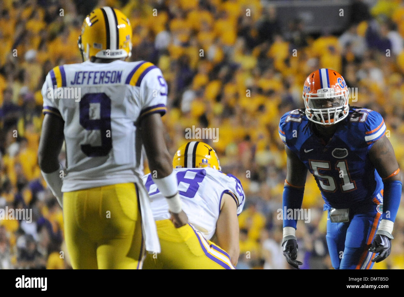 Florida linebacker #51, Brandon Spikes, surveys the field as LSU ...