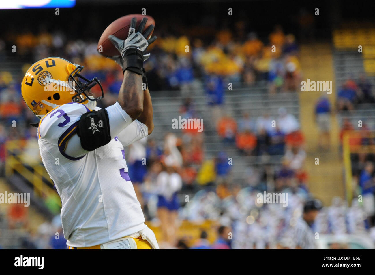 LSU defensive back #3, Chad Jones, goes through pre-game drills prior ...