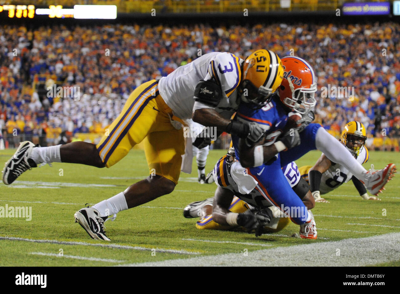LSU defensive back, #3 Chad Jones, delievers a crushing hit on Florida ...