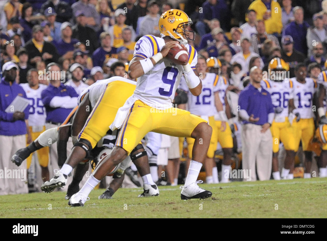 LSU quarterback, #9 Jordan Jefferson, drops back to pass during ...