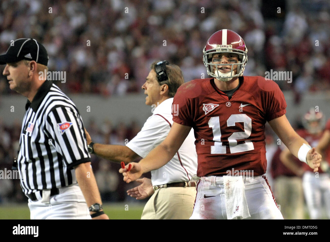 Alabama quarterback, #12 Greg McElroy, reacts to a questionable call ...