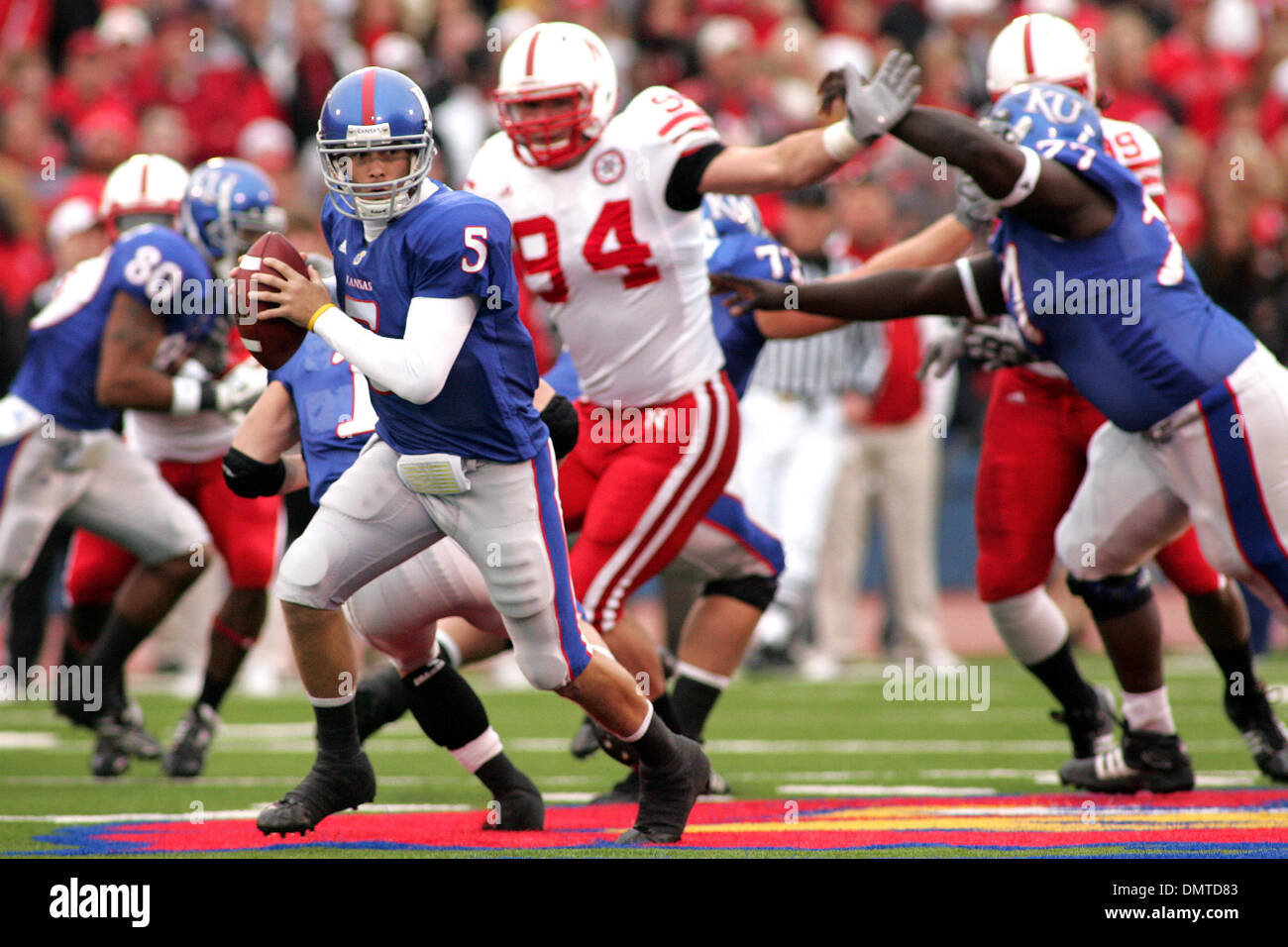 Kansas quarterback Todd Reesing (5) looks to pass during the first half ...