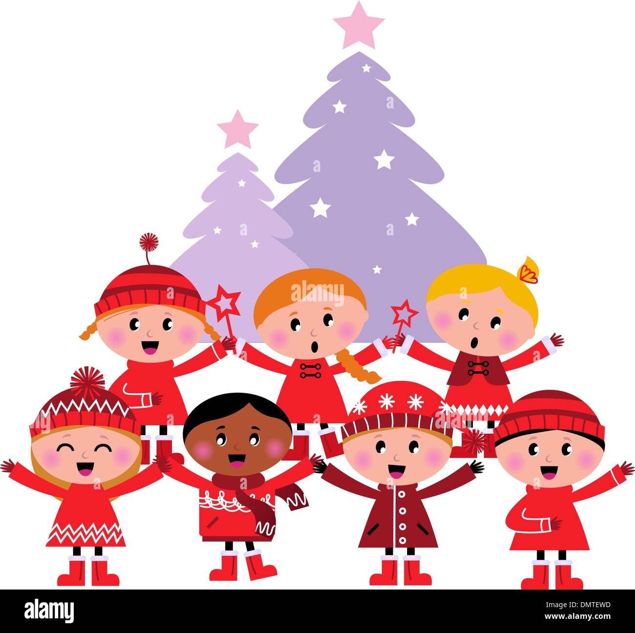 Cute multicultural caroling Children, christmas Tree Stock Vector Image ...
