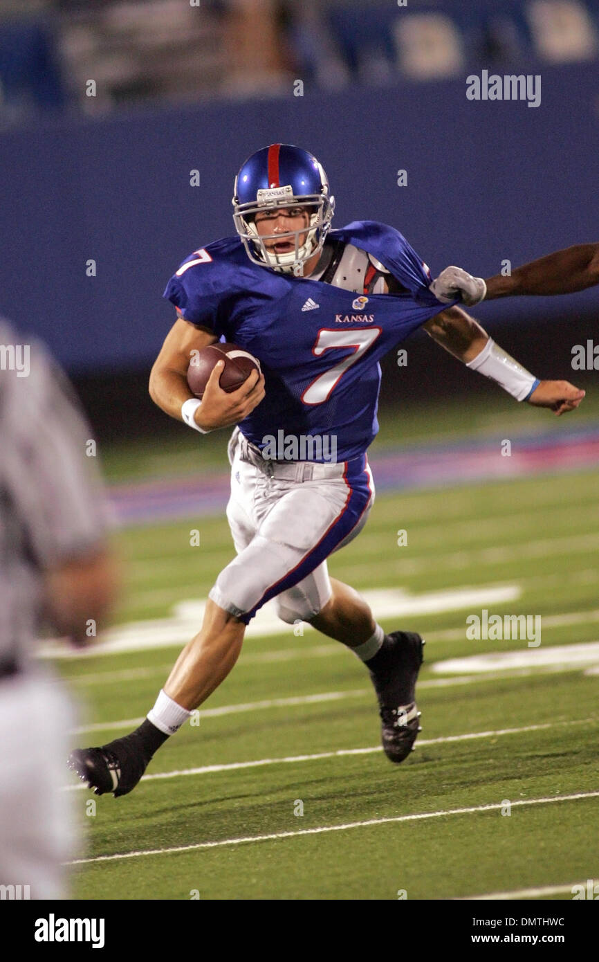 Kansas quarterback Kale Pick (7) scrambles to gain yardage during game ...