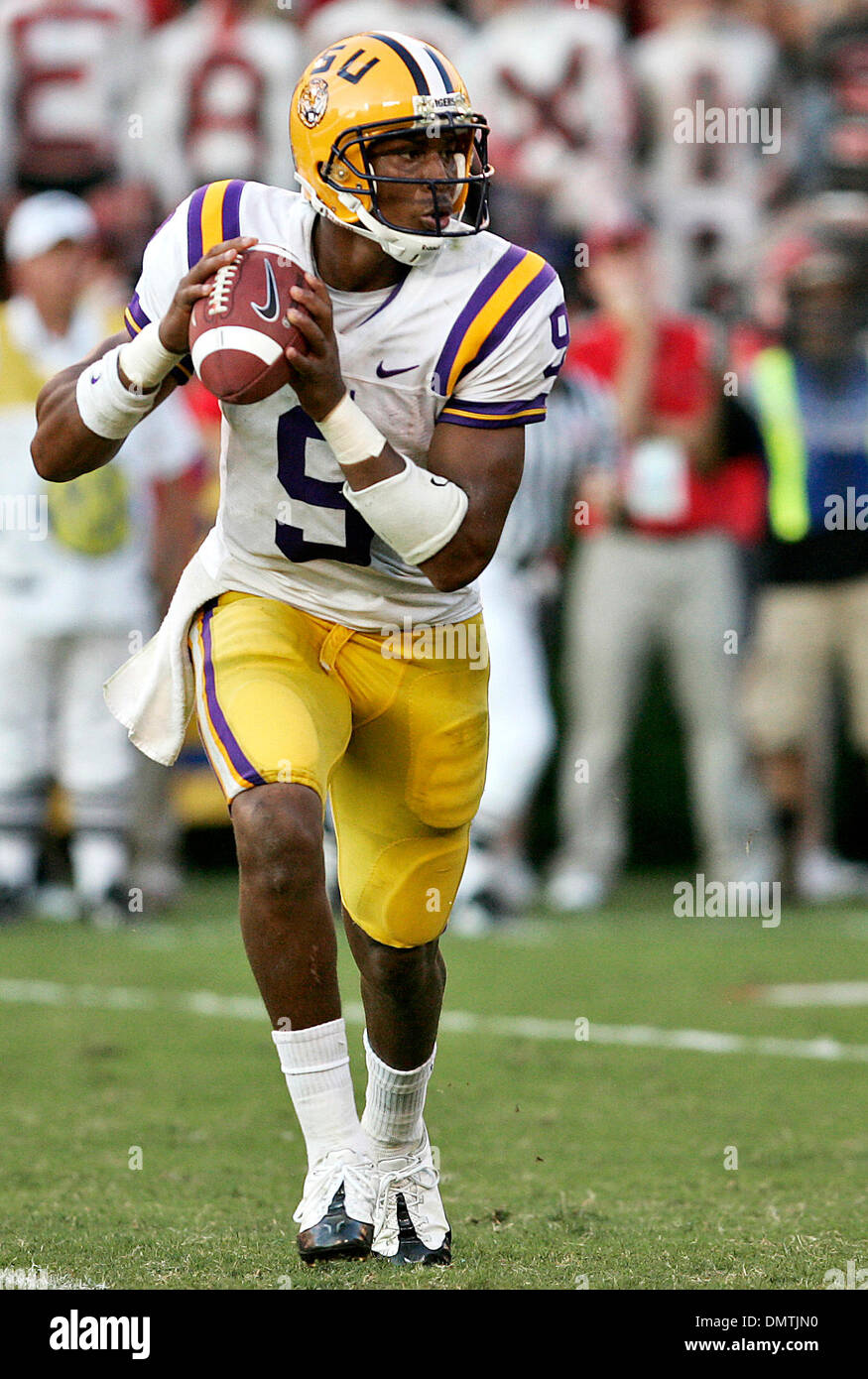 LSU quarterback Jordan Jefferson (9) scrambles on an extra point ...