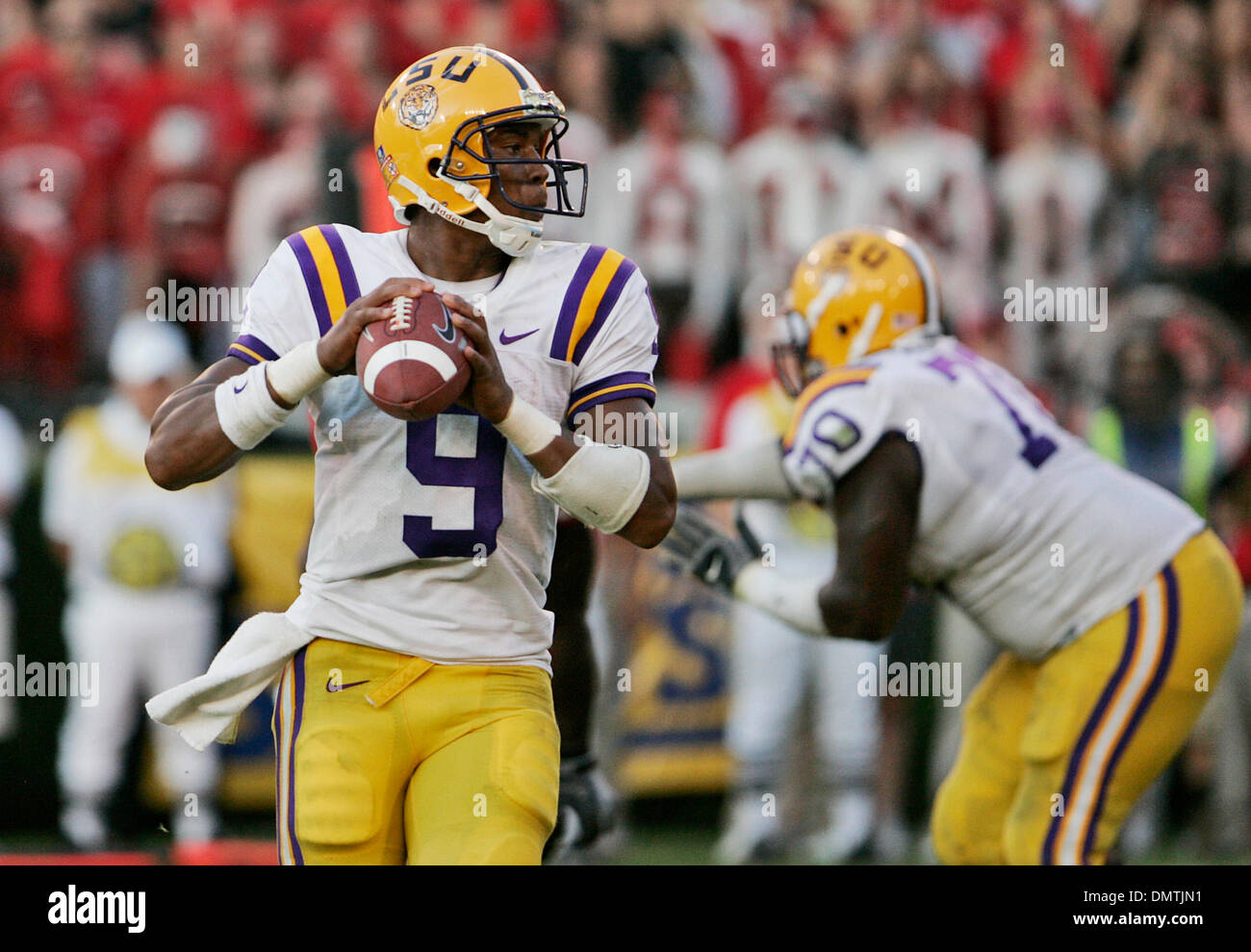 LSU quarterback Jordan Jefferson (9) scrambles on an extra point ...