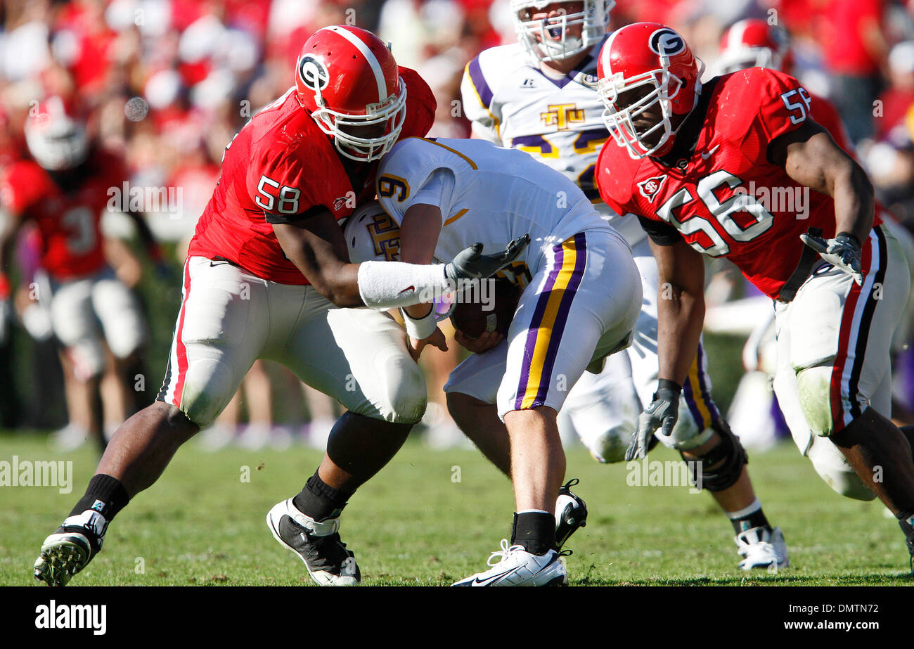 Tennessee Tech quarterback Tre Lamb (9) is sacked by Georgia senior ...