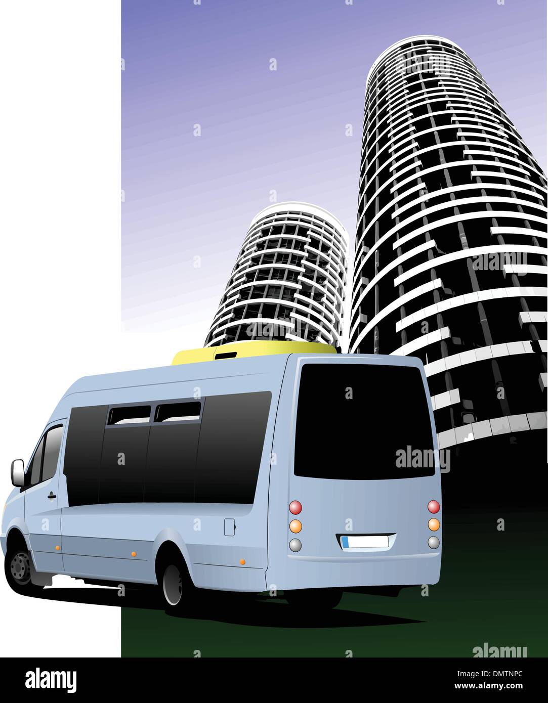 Blue colored minibus on the road and city silhouette. Vector ill Stock ...