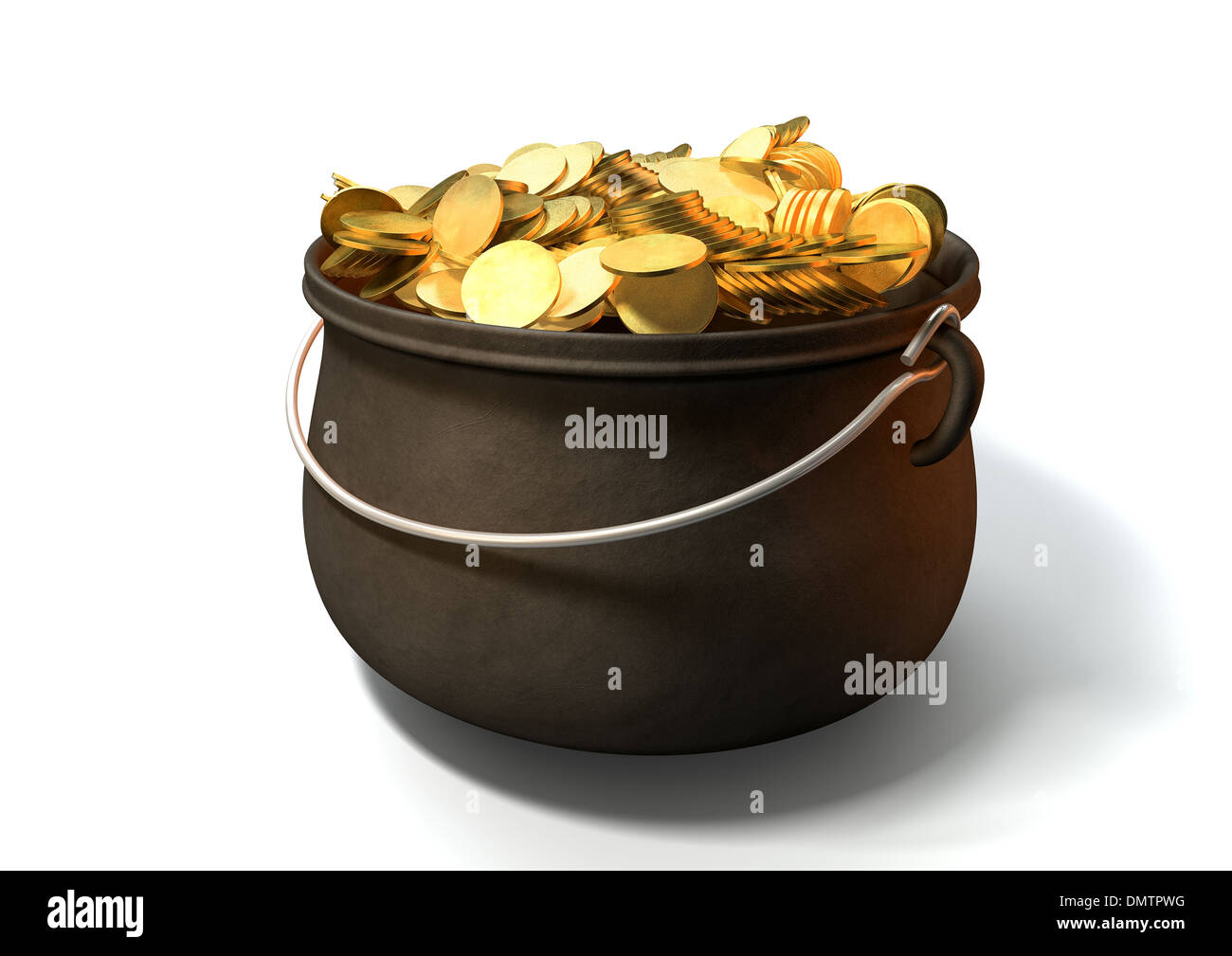 A cast iron pot filled with gold coins on an isolated background Stock ...