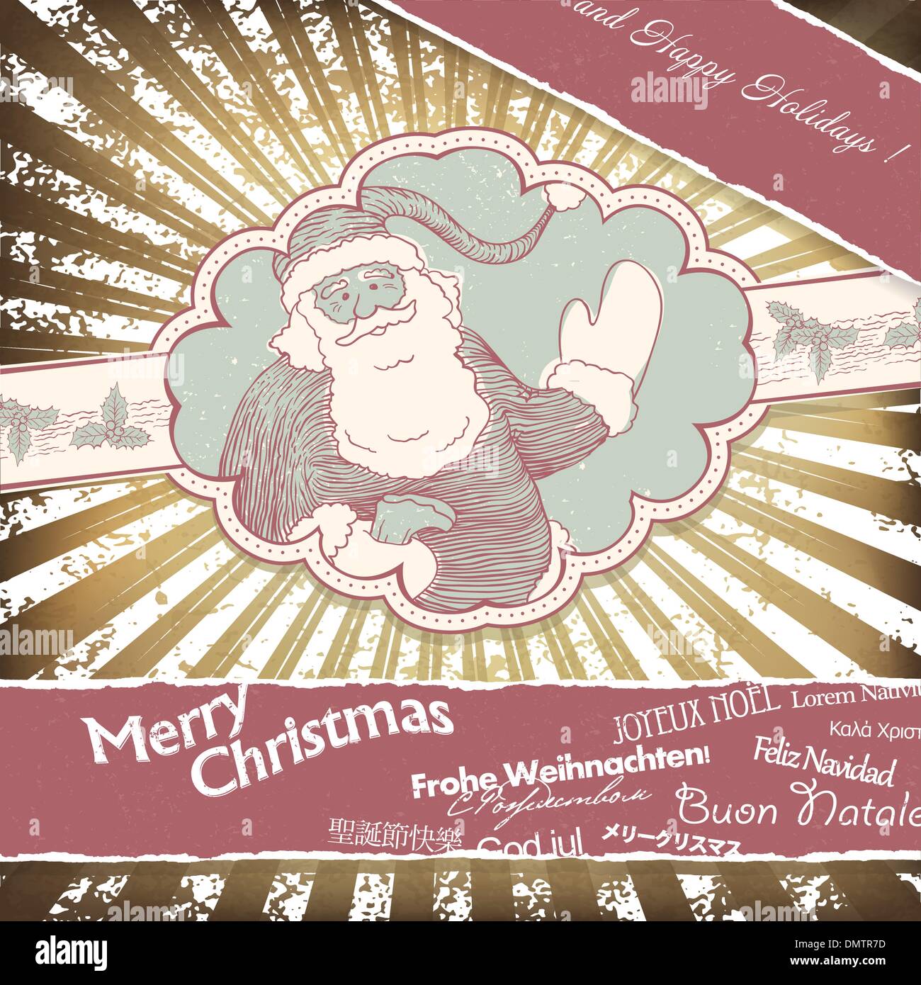 Retro Santa Claus greetings in different languages. Christmas ba Stock ...