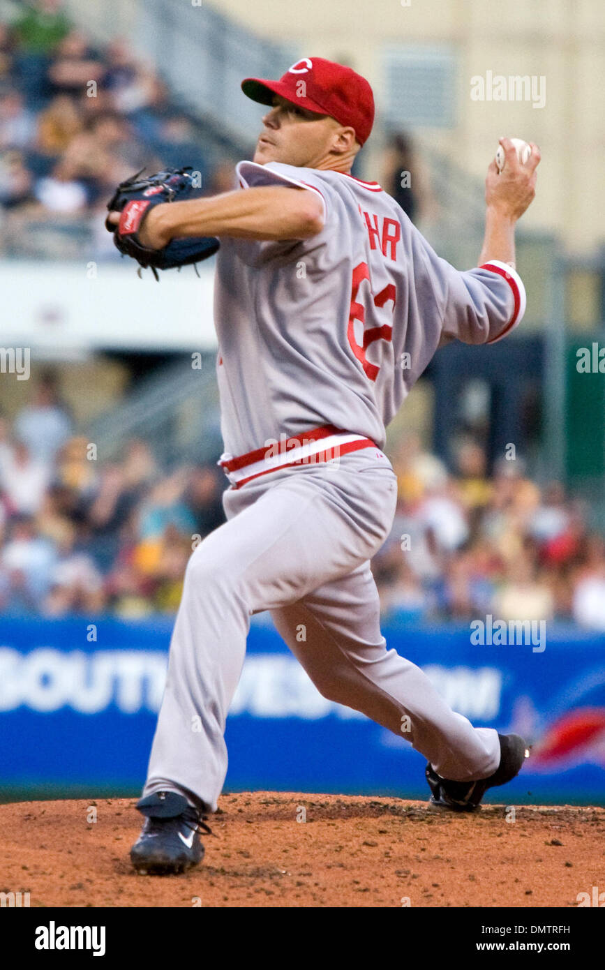 22 August 2009: Reds starting pitcher Justin Lehr (62) fires a pitch to ...