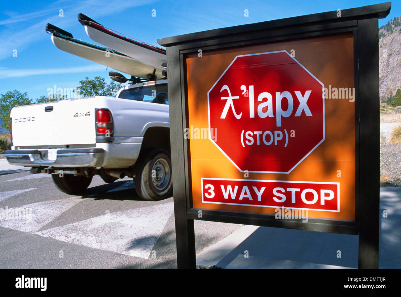 Bilingual 3 Way Stop Sign in Okanagan Indian and English Languages in ...