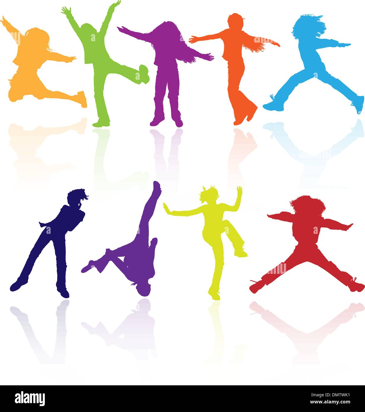 Set of colored active children vector silhouettes with reflectio Stock ...