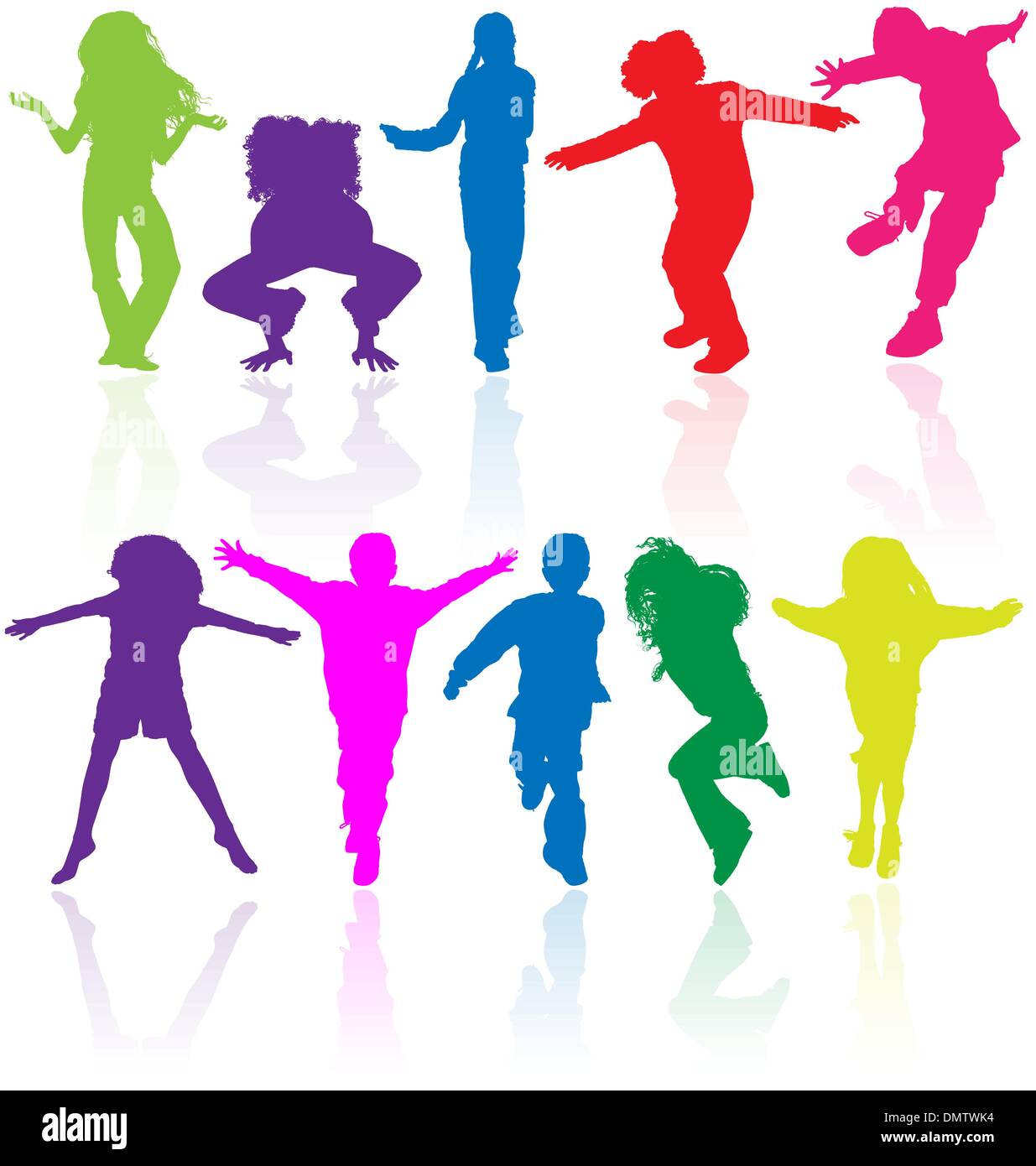 Set of colored active children vector silhouettes with reflectio Stock ...