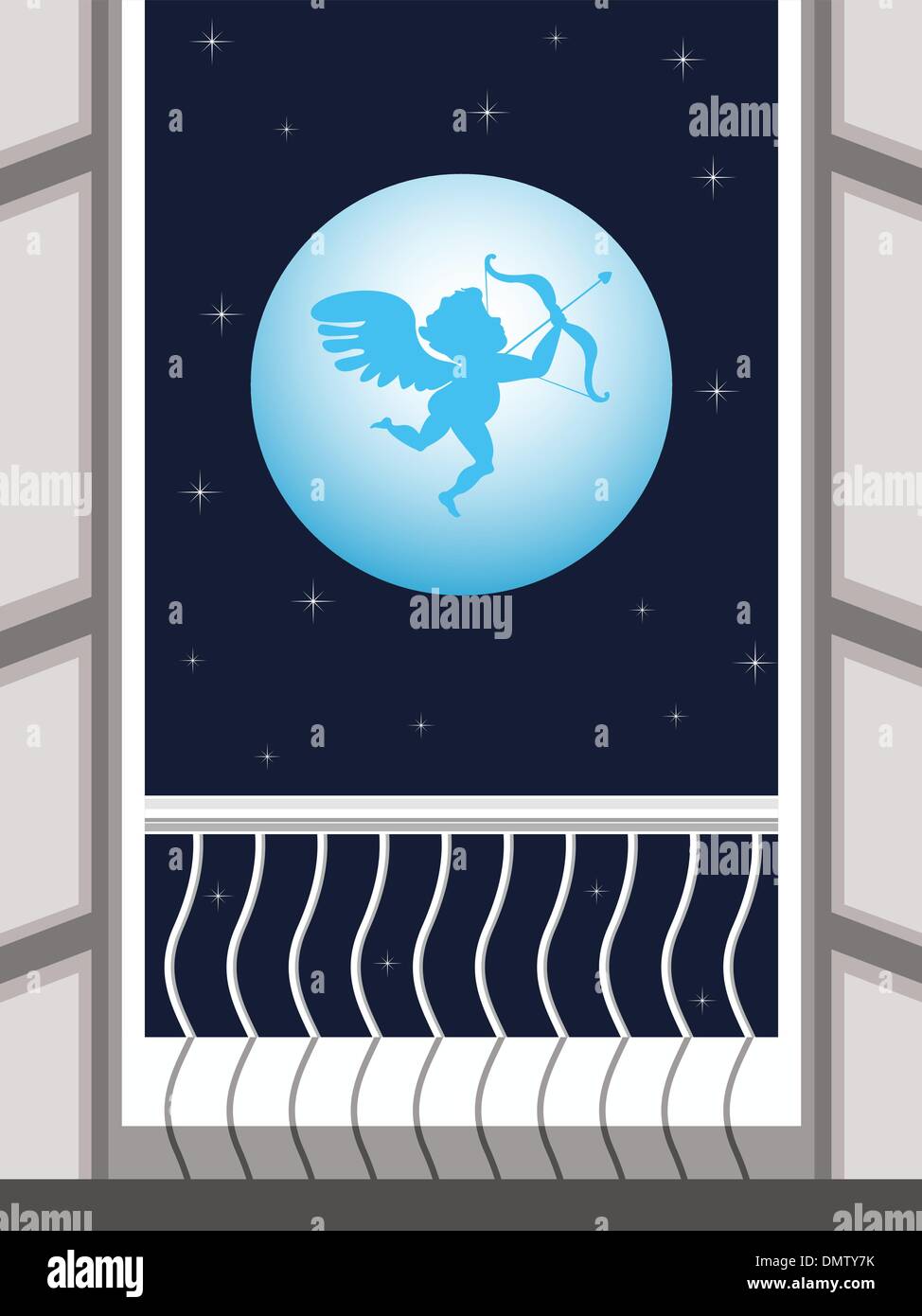 Vector illustration of Cupid flying in the sky and taking aim on Stock ...