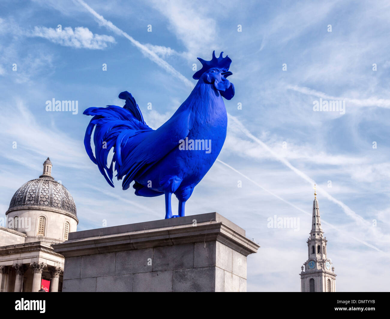 Giant blue rooster on the Fourth Plinth with the National Gallery and ...