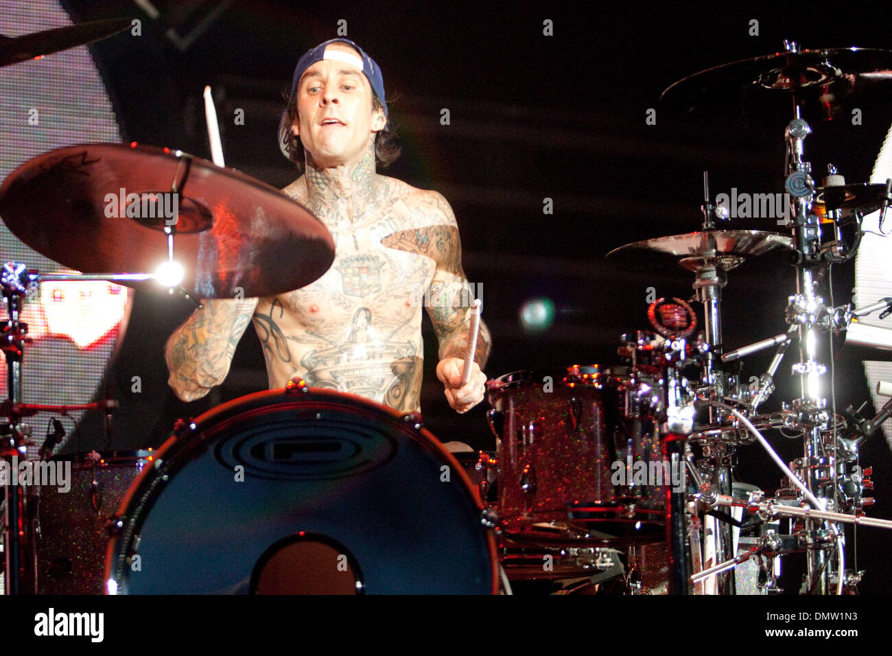 Travis Barker rocking the drums during the Blink 182 with Fall Out Boy ...