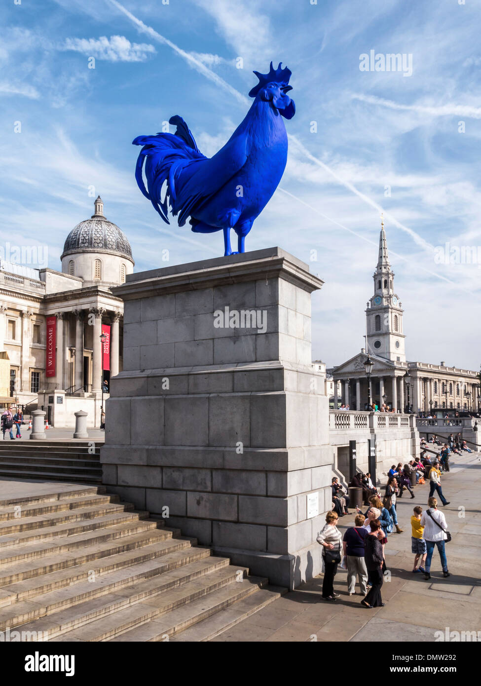 Giant blue rooster on the Fourth Plinth with the National Gallery and ...