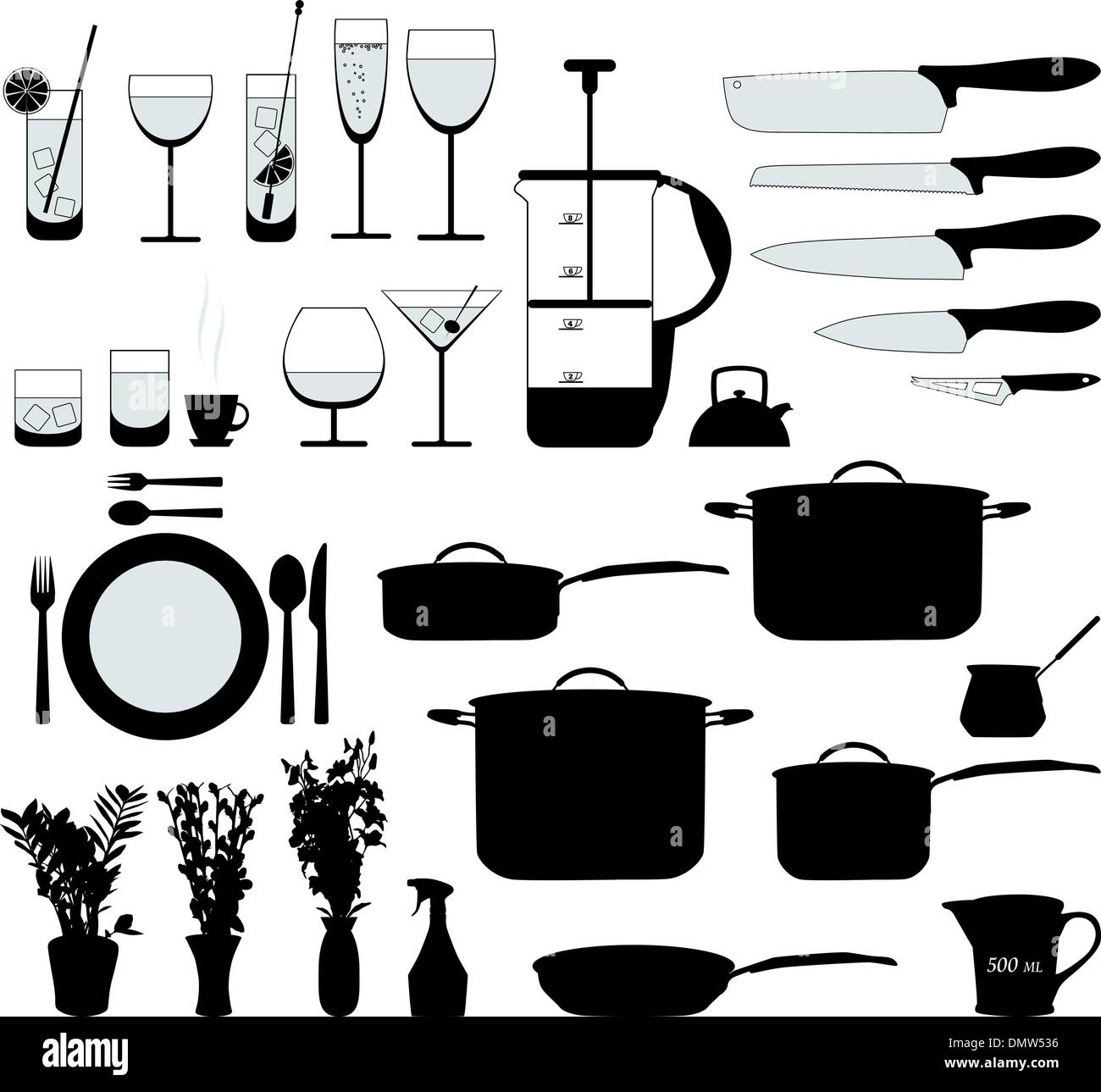 dishes, pan, mixer and other kitchen objects silhouette vector Stock ...