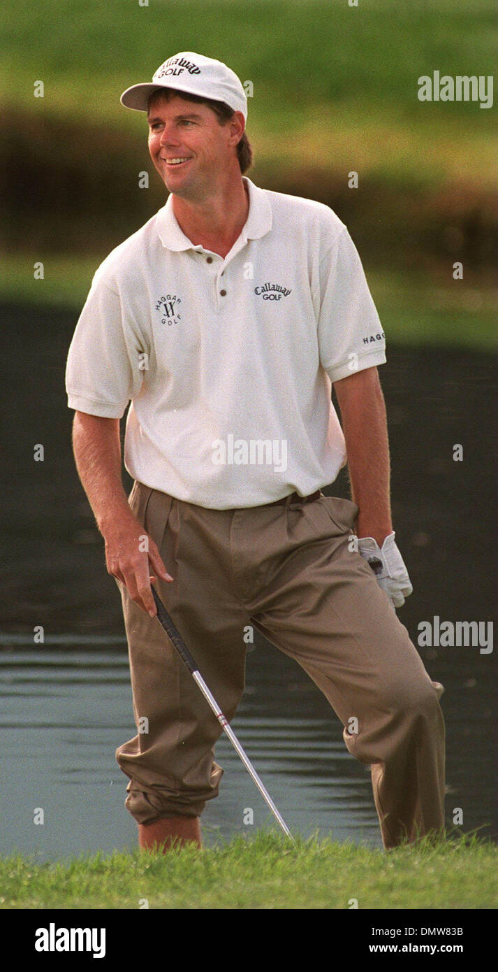 Feb 07, 1997; San Diego, CA, USA; PAUL AZINGER with one leg about to be ...